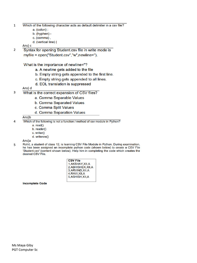 CSV Files Worksheet Ans | PDF | Comma Separated Values | Computer Programming