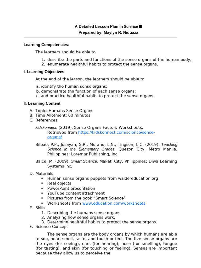 Lesson Plan: Human Sense Organs | PDF | Senses | Taste