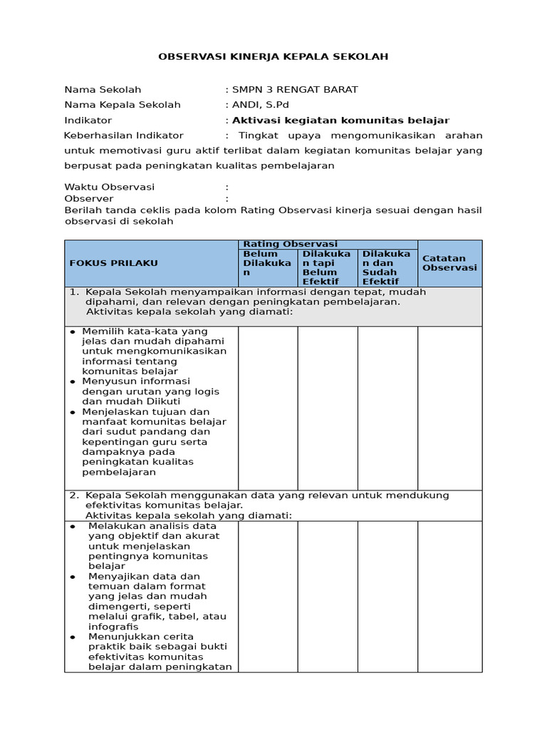 Lembar Observasi E-Kinerja Kepala Sekolah (PMM) | PDF