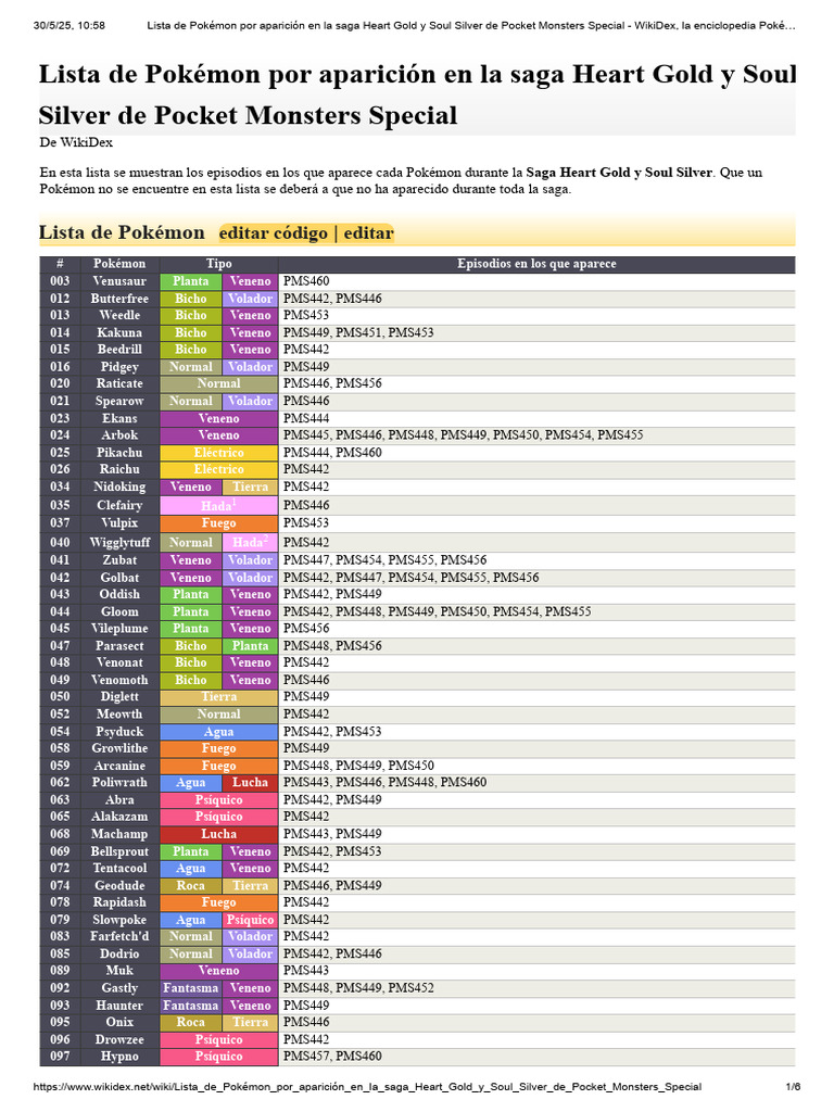 Lista de Pokémon Por Aparición en La Saga Heart Gold y Soul Silver de ...