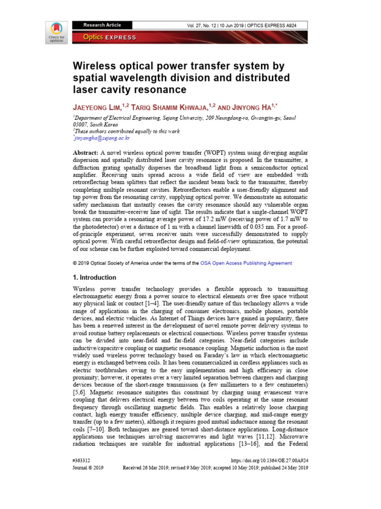 Wireless Optical Power Transfer System by Spatial | PDF | Laser ...