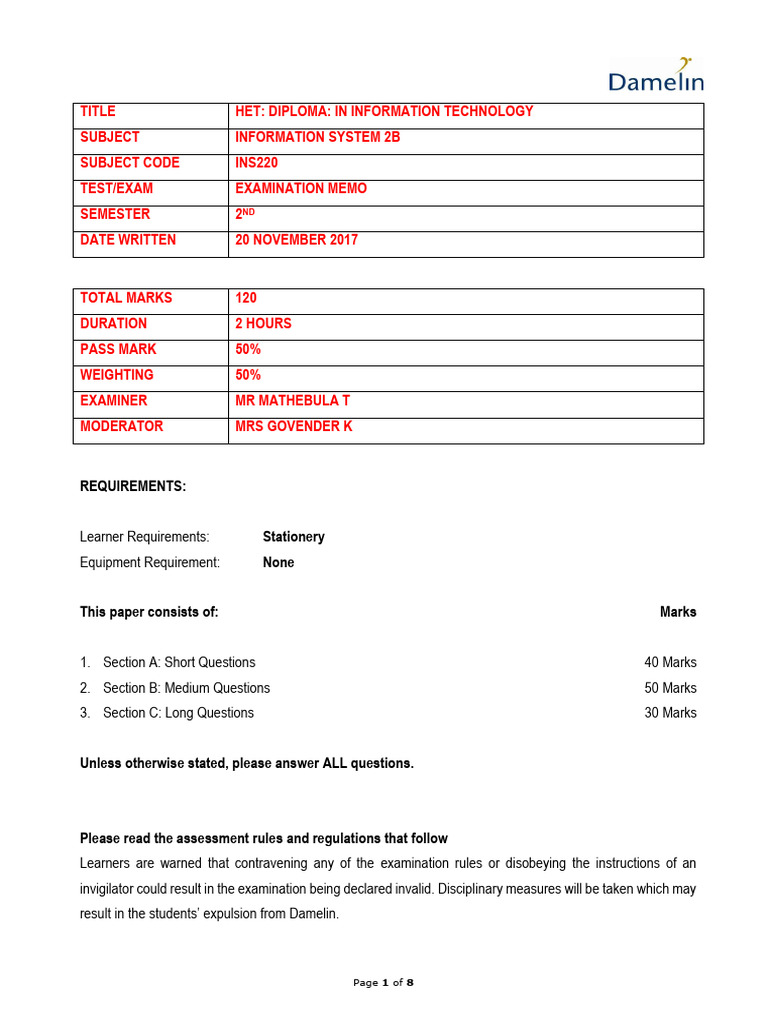 Information System 2B Exam Memo | PDF | Databases | Cloud Computing