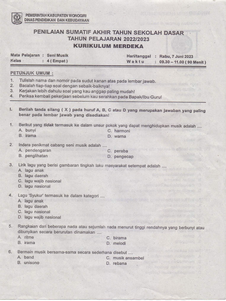 Psat - Kelas 4 - Seni Musik.. | PDF