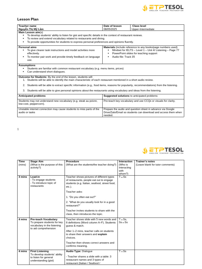 Upper-Intermediate Restaurant Review Lesson | PDF | Reading ...