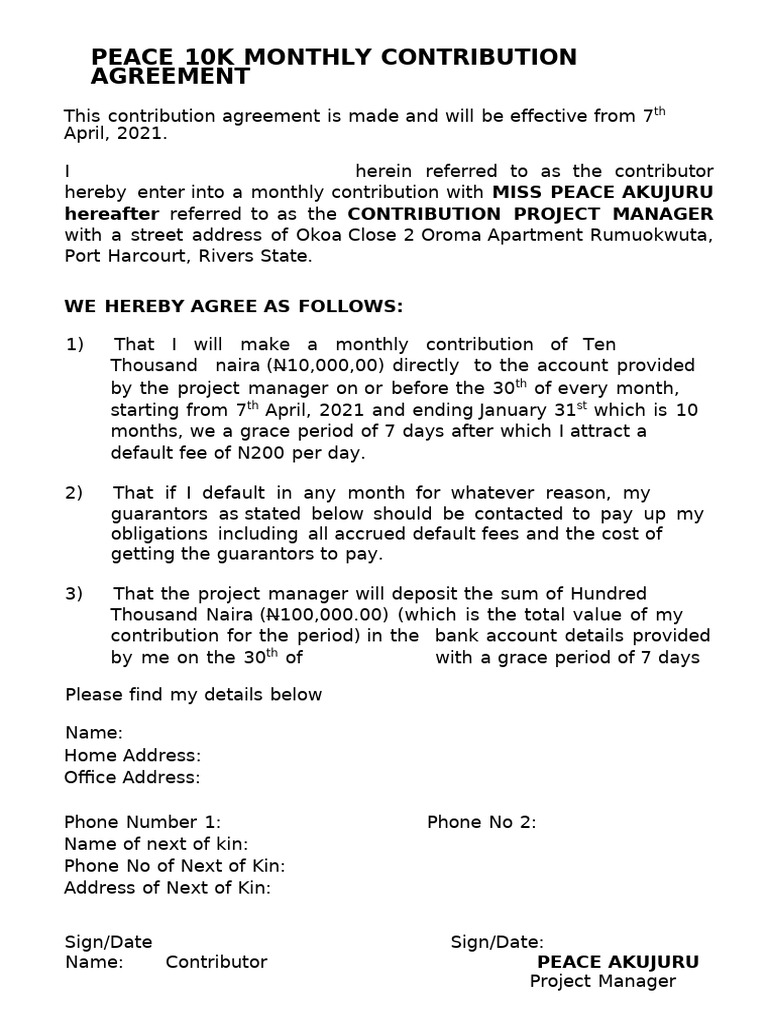 Monthly Contribution Agreement 10K | PDF | Business | Money