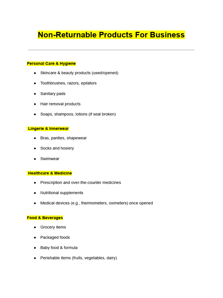 Non-Returnable Products For Business | PDF