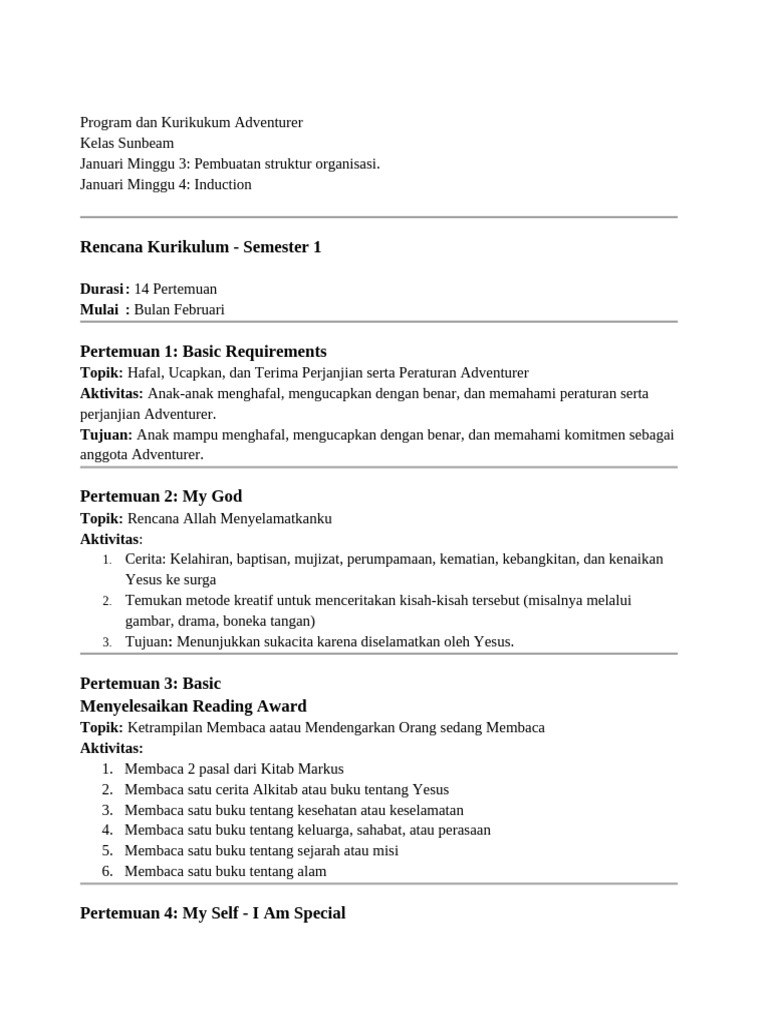 Program dan Kurikukum Adventurer Kelas Sunbeam | PDF