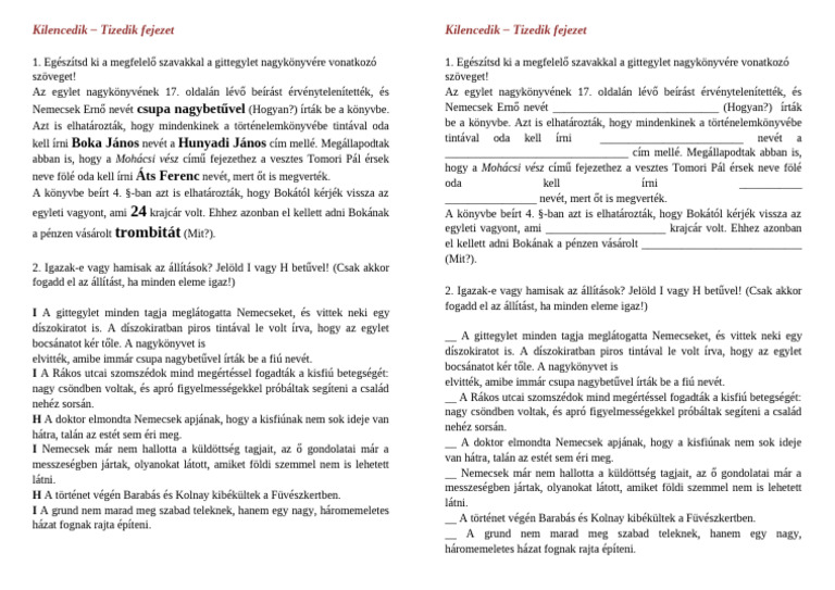 Kicsinyített_A Pál Utcai Fiúk_9-10. Fejezet Megoldókulcs | PDF