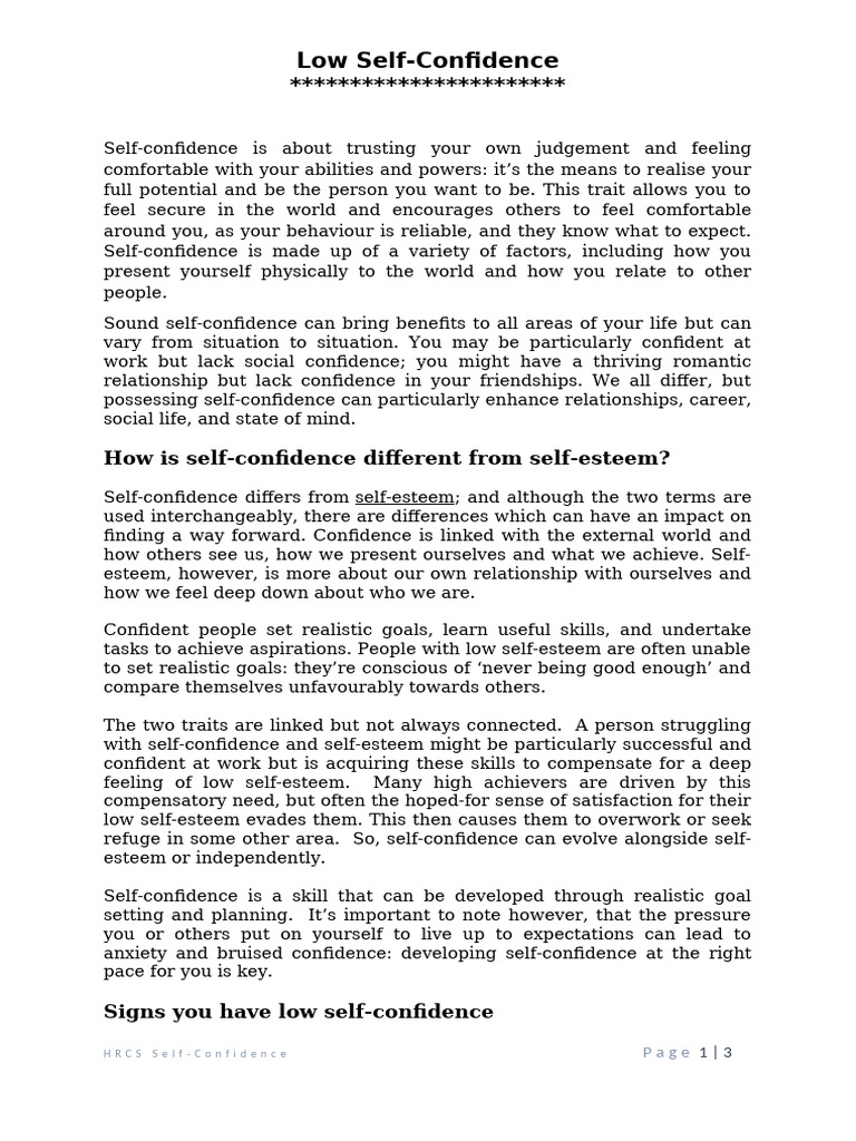Low Self Confidence Difference With Self Esteem | PDF | Self Esteem | Cognition