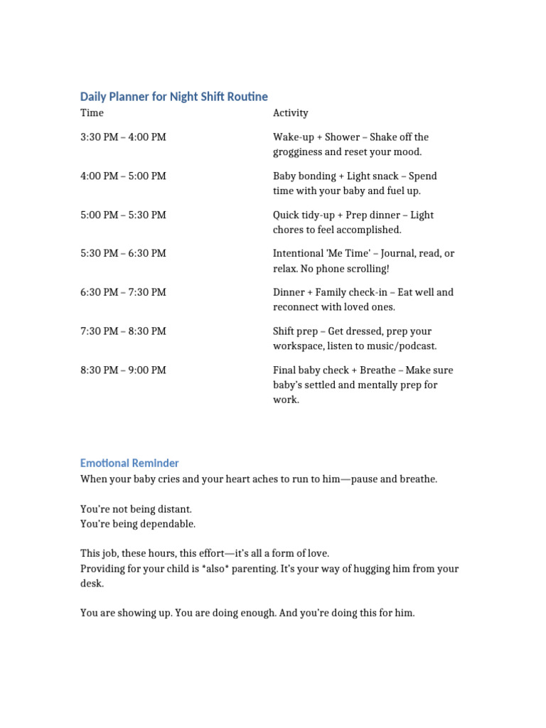 Daily Night Shift Planner With Reminder | PDF