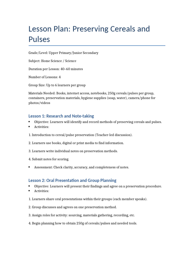 Lesson Plan Preserving Cereals and Pulses | PDF