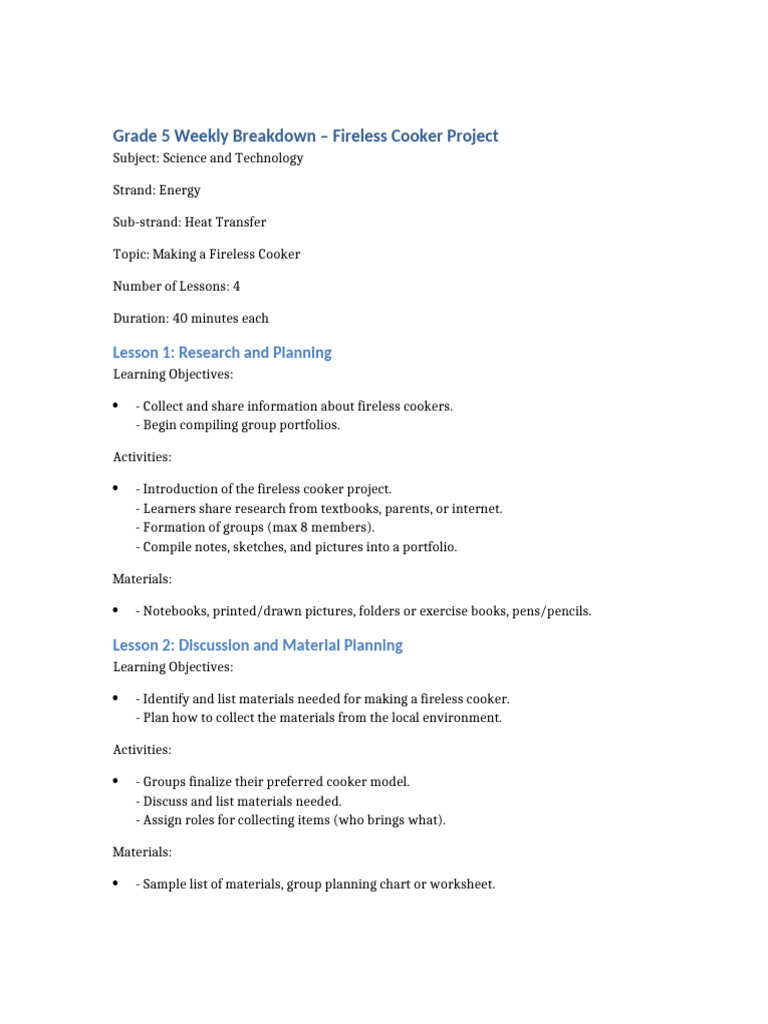 Grade 5 Fireless Cooker Project Weekly Breakdown | PDF