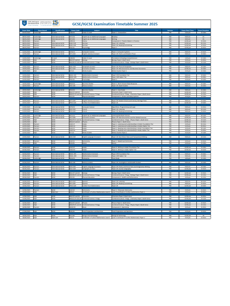 GCSE-IGCSE Exam Timetable Summer 2025 - FINAL | PDF | Educational ...