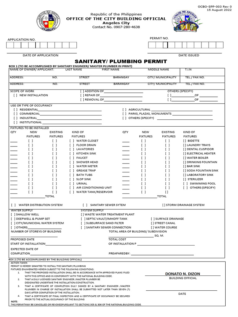 Sanitary Permit Form | PDF | Plumbing | Water Supply