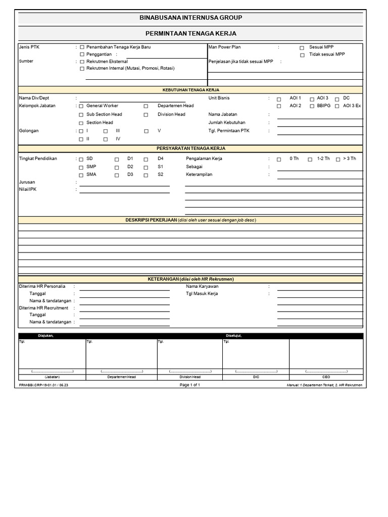 FRM-BBI - CRP-19-01.01 PERMINTAAN TENAGA KERJA - Mei 2023 | PDF