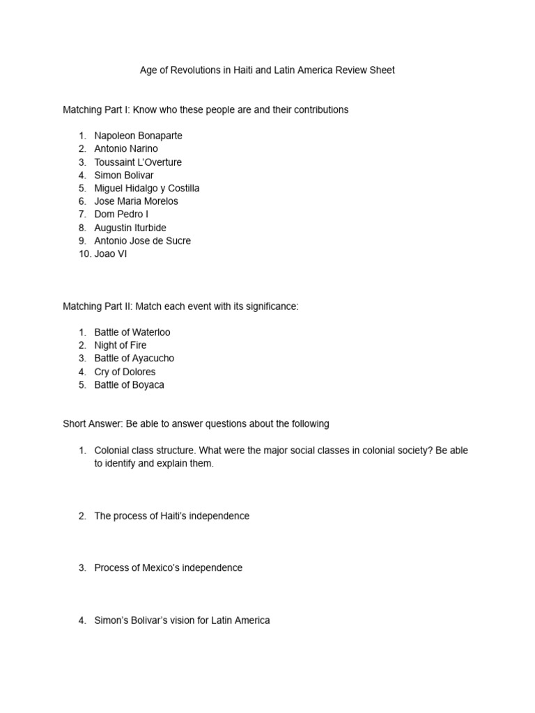 Age of Revolutions in Haiti and Latin America Review Sheet | PDF