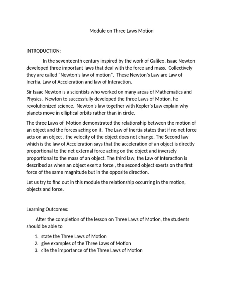 Module On Three Laws Motion | PDF | Force | Newton's Laws Of Motion