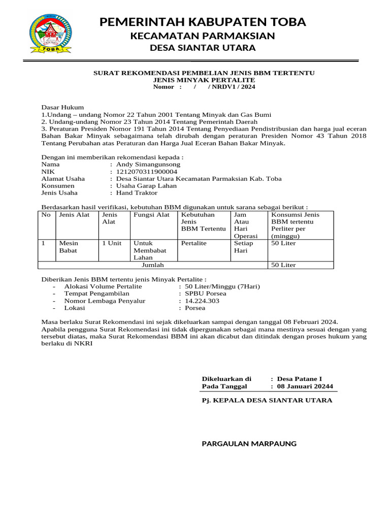 Surat Rekomendasi Pembelian Jenis BBM Tertentu | PDF