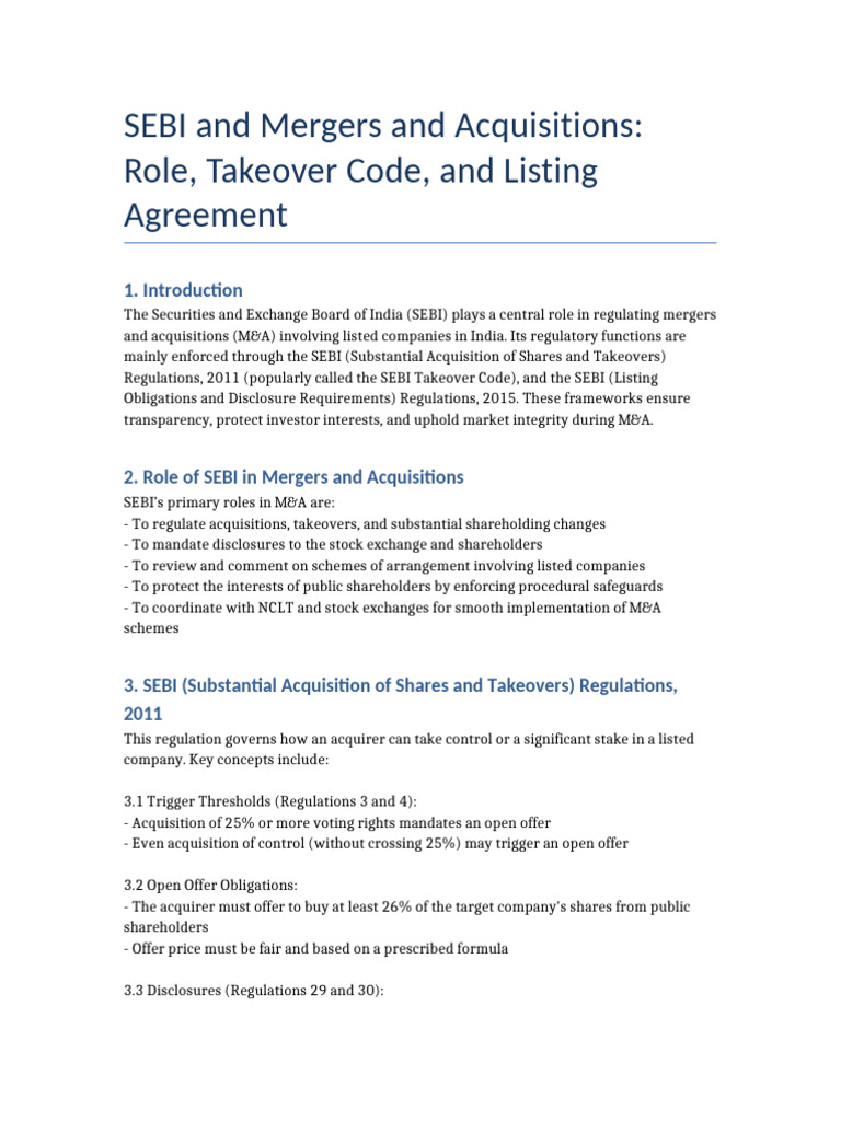 SEBI_and_Mergers_and_Acquisitions_Notes | PDF | Mergers And ...