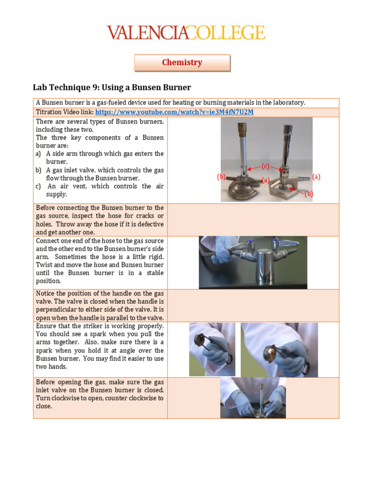 Bunsen Burner Lab Technique Guide | PDF | Combustion | Valve