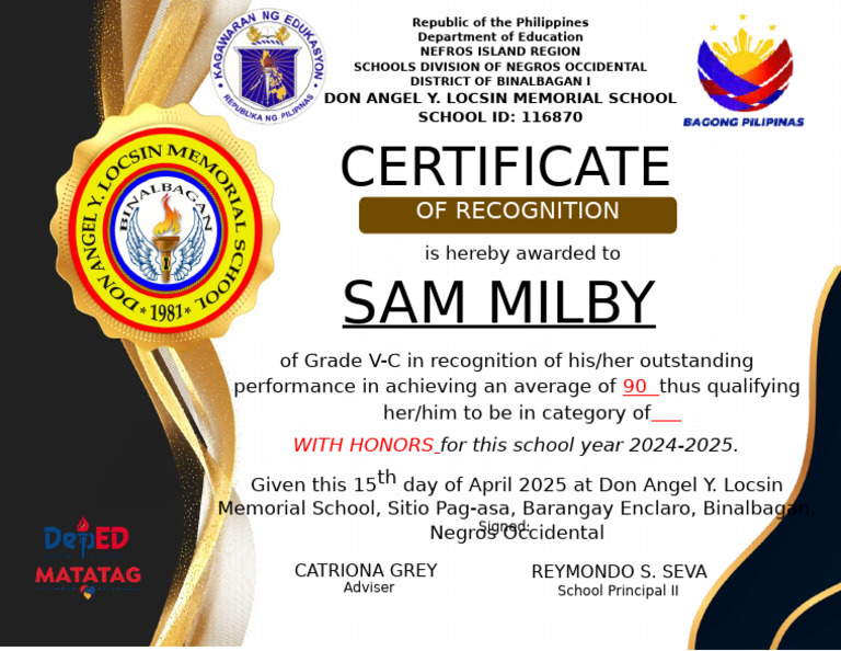 Certificate of Recognition With Average | PDF