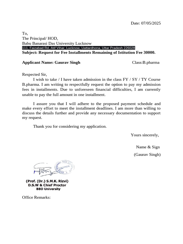 Fee Installment Letter | PDF