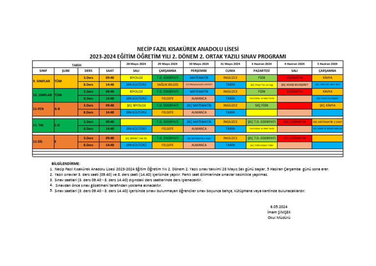 Yazili Sinav Programi 2023 2024 2.Dönem 2.Yazılı 9 10 11 Sınıf | PDF