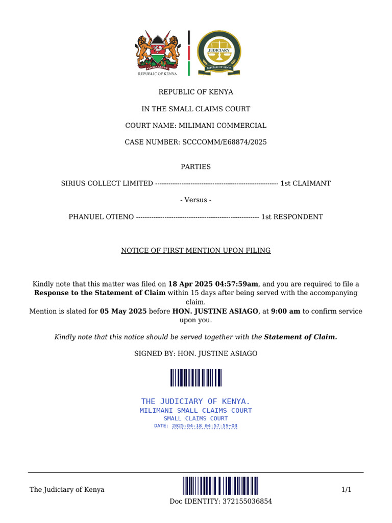 Sirius Collect Ltd vs Phanuel Otieno Case | PDF