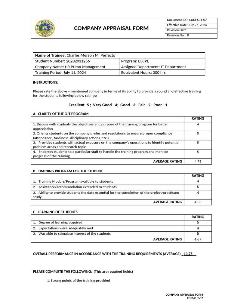 CDM-OJT-07 (Company Appraisal Form) | PDF | Learning