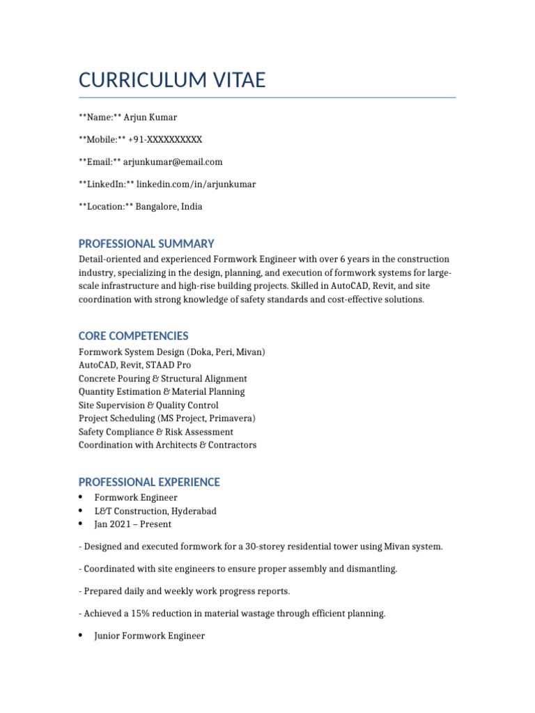 Formwork Engineer CV | PDF