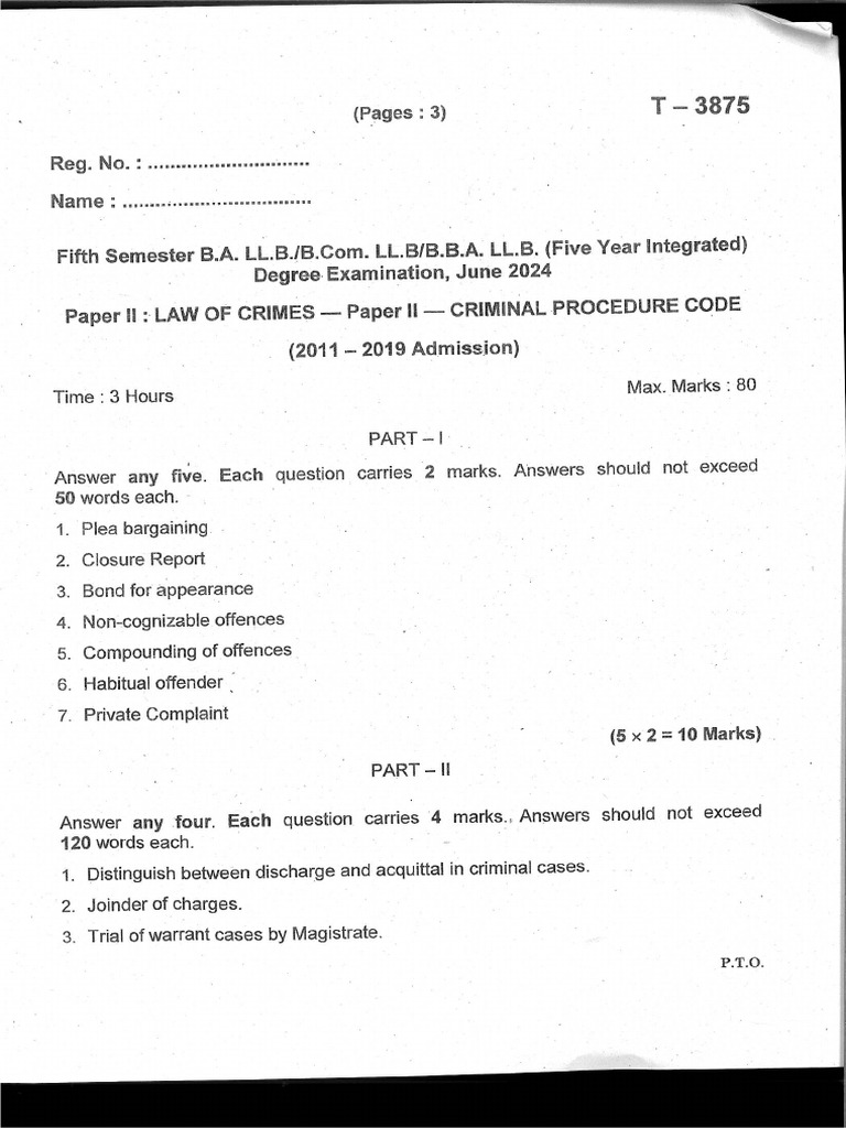 Law of Crimes Paper II - Criminal Procedure Code T-3875 | PDF