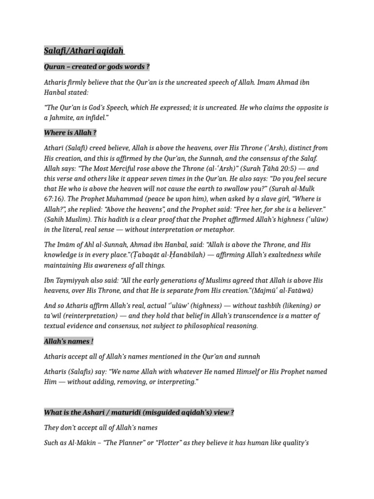 Athari vs Salafi Aqidah Explained | PDF | God In Islam | Tawhid