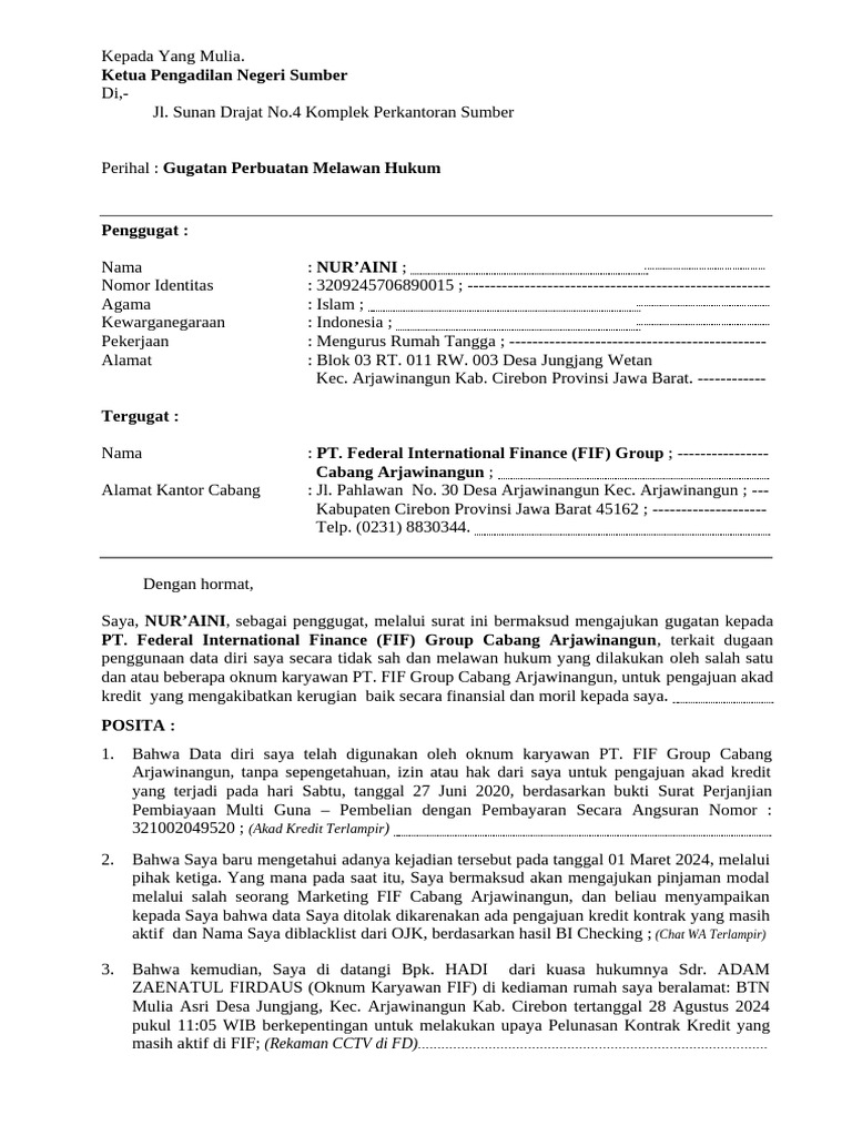 WORD SURAT GUGATAN PMH NURAINI Ke Pengadilan | PDF