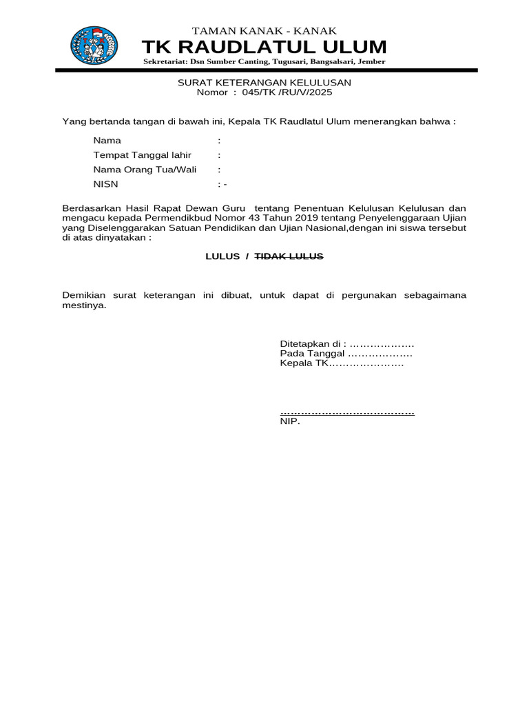 Surat Keterangan Lulus TK (www.mariyadi.com) | PDF