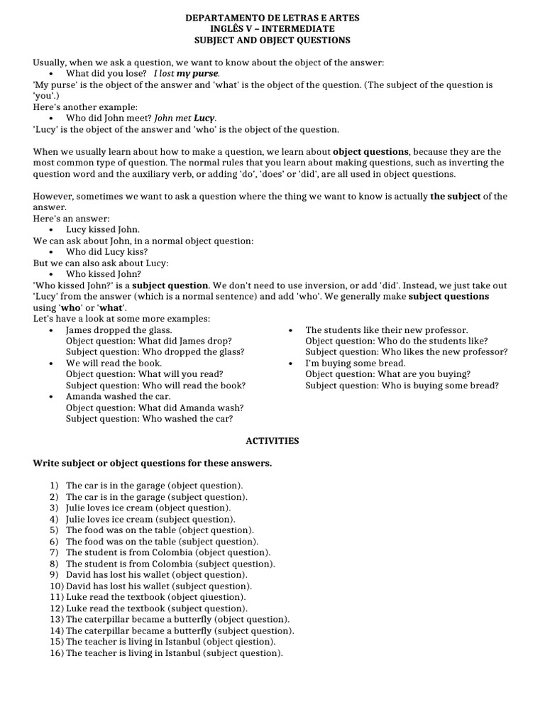 Subject and Object Questions Guide | PDF | Question | Subject (Grammar)