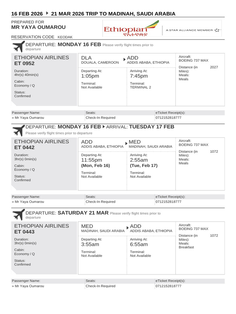 Travel Reservation February 16 For MR YAYA OUMAROU | PDF | Airlines ...