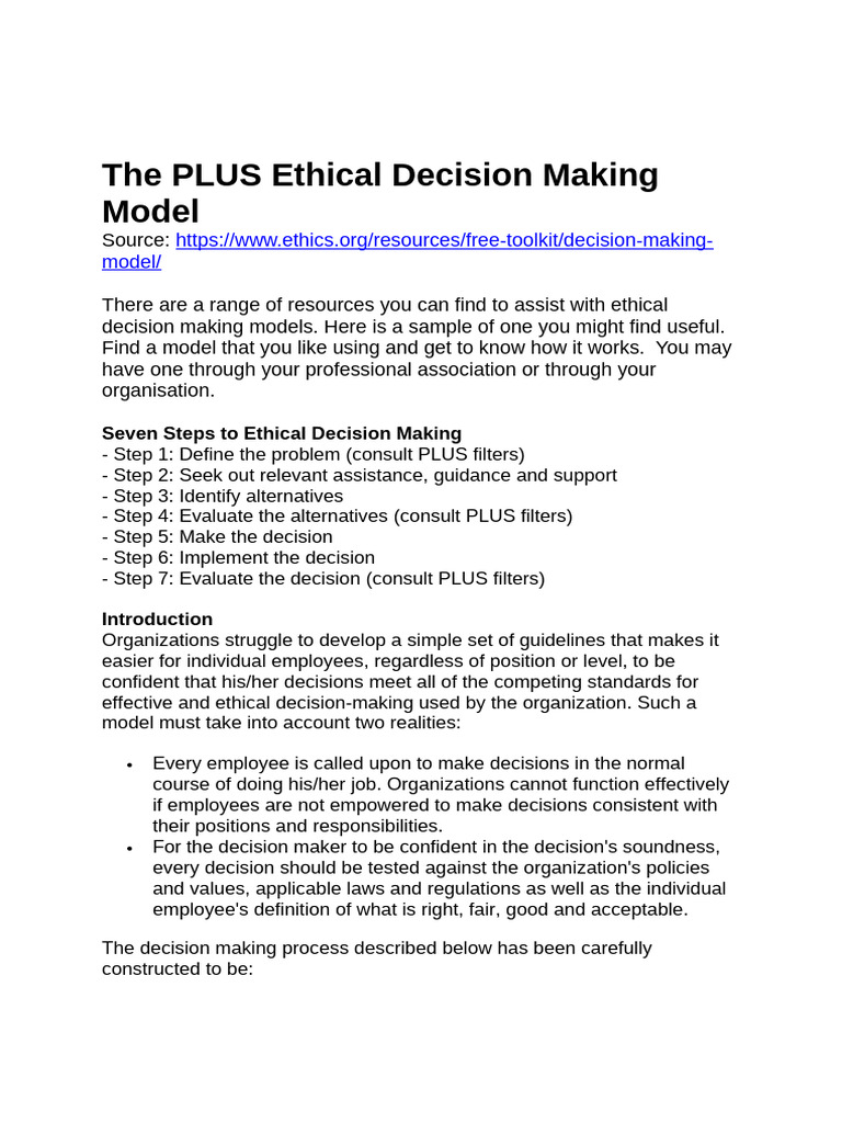 The PLUS Ethical Decision Making Model -2022 | PDF | Elevator ...