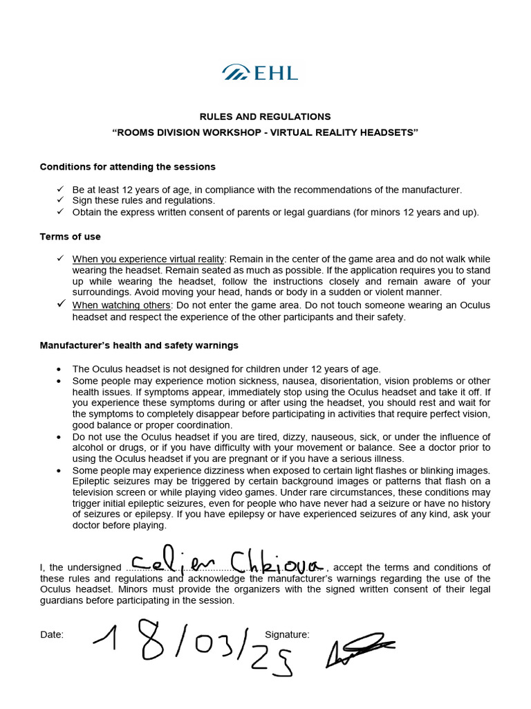 EHL VR Rules and Regulations | PDF | Virtual Reality | Epilepsy