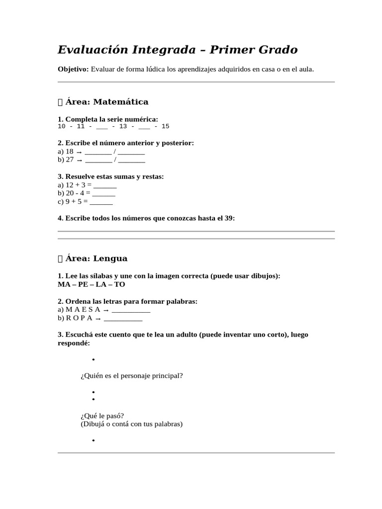 Evaluación Integrada - Primer Grado | PDF