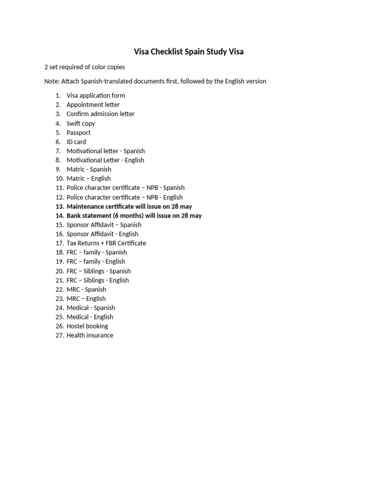 Visa Checklist Spain Study Visa | PDF