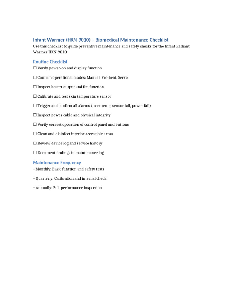 Infant Warmer HKN-9010 Maintenance Guide | PDF