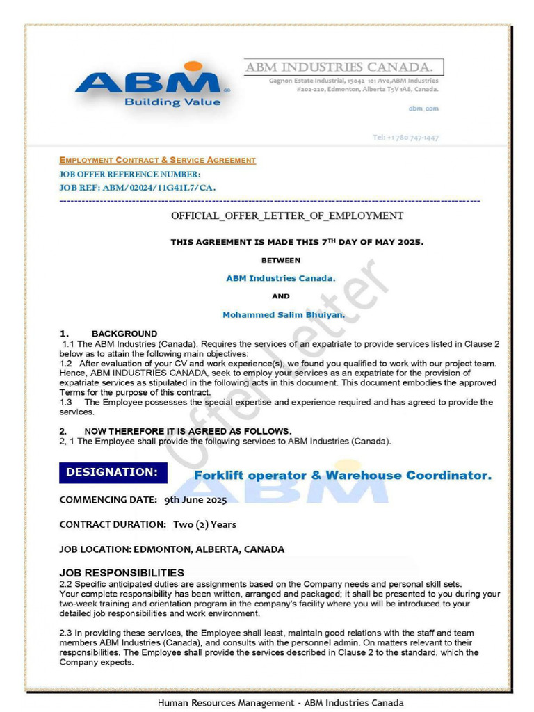 OFFER LETTER & CONTRACT OF EMPLOYMENT-ABM Industries CA | PDF | Breach ...