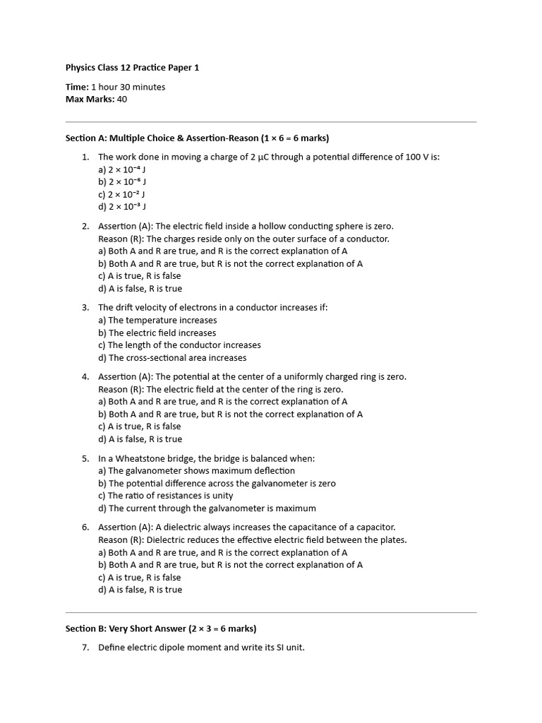 Physics Class 12 Practice Paper 1 | PDF | Capacitor | Capacitance