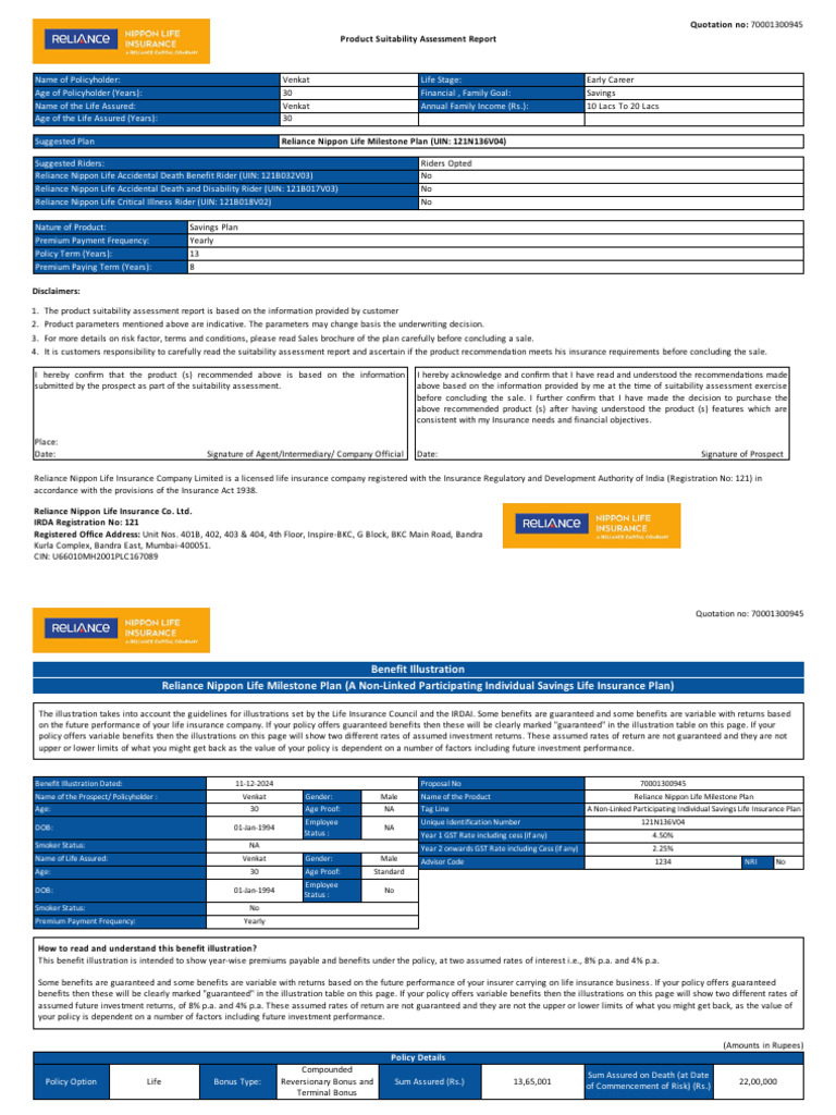 Product Suitability Assessment Report | PDF | Insurance | Life Insurance