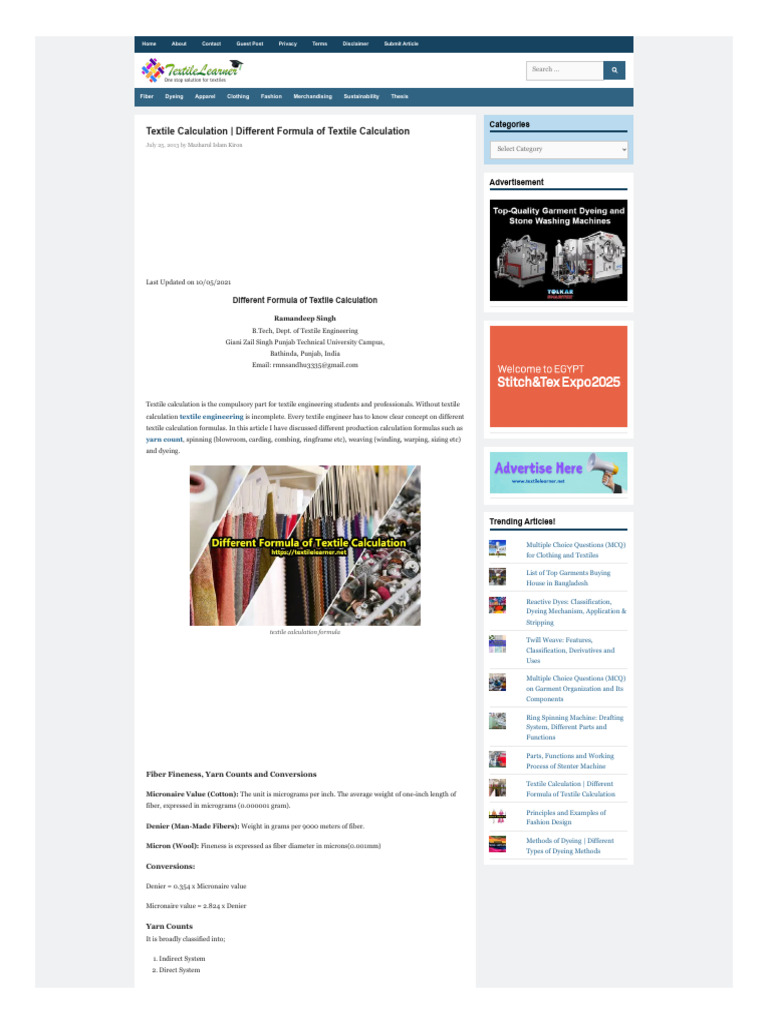 Textile Calculation Formulas Explained | PDF | Textiles | Textile ...