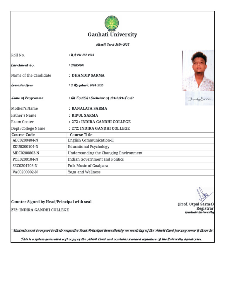 Gauhati - Samarth.edu - in Index - PHP Examstudent Hall-Admit-card View ...