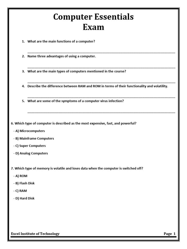 Computer Essentials Exam | PDF