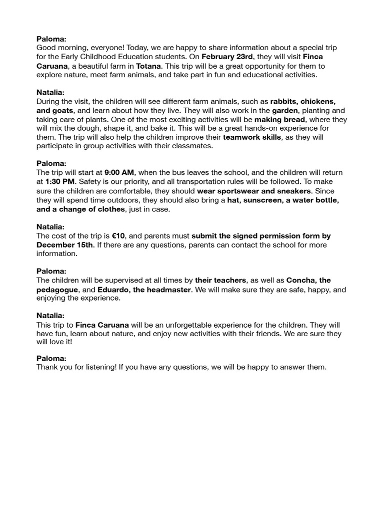 Early Childhood Farm Trip Details | PDF