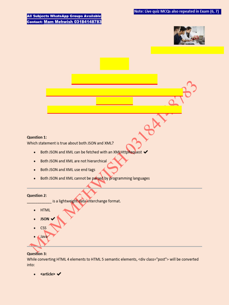 CS202 JSON & HTML Quiz Questions | PDF | Json | J Query