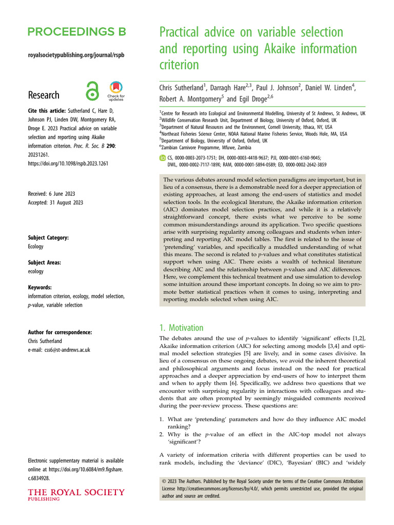 2023-ProcRSB - Practical Advice On Variable Selection and Reporting Use AIC | PDF | Akaike ...